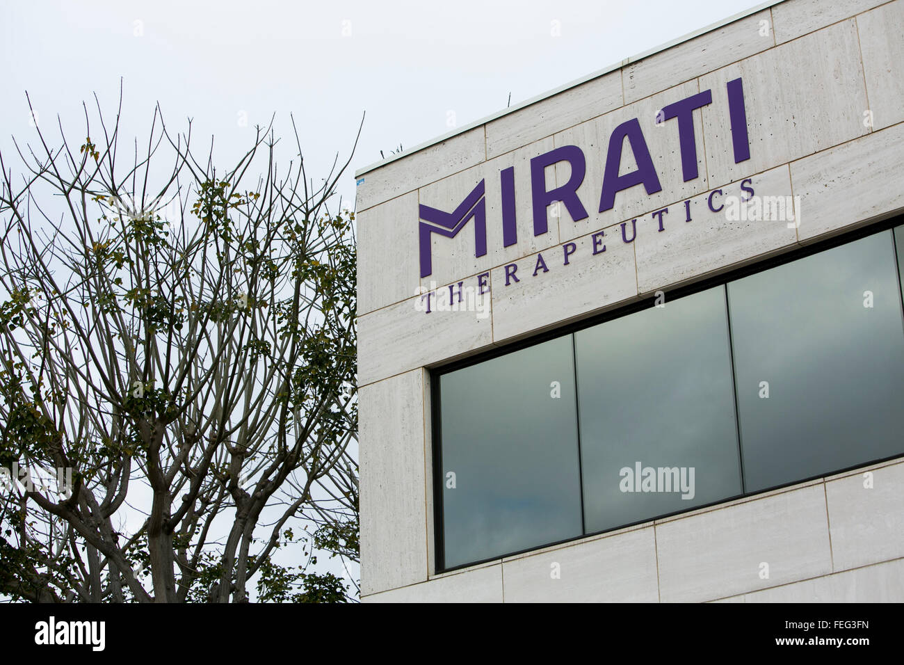 A logo sign outside of the headquarters of Mirati Therapeutics in San ...