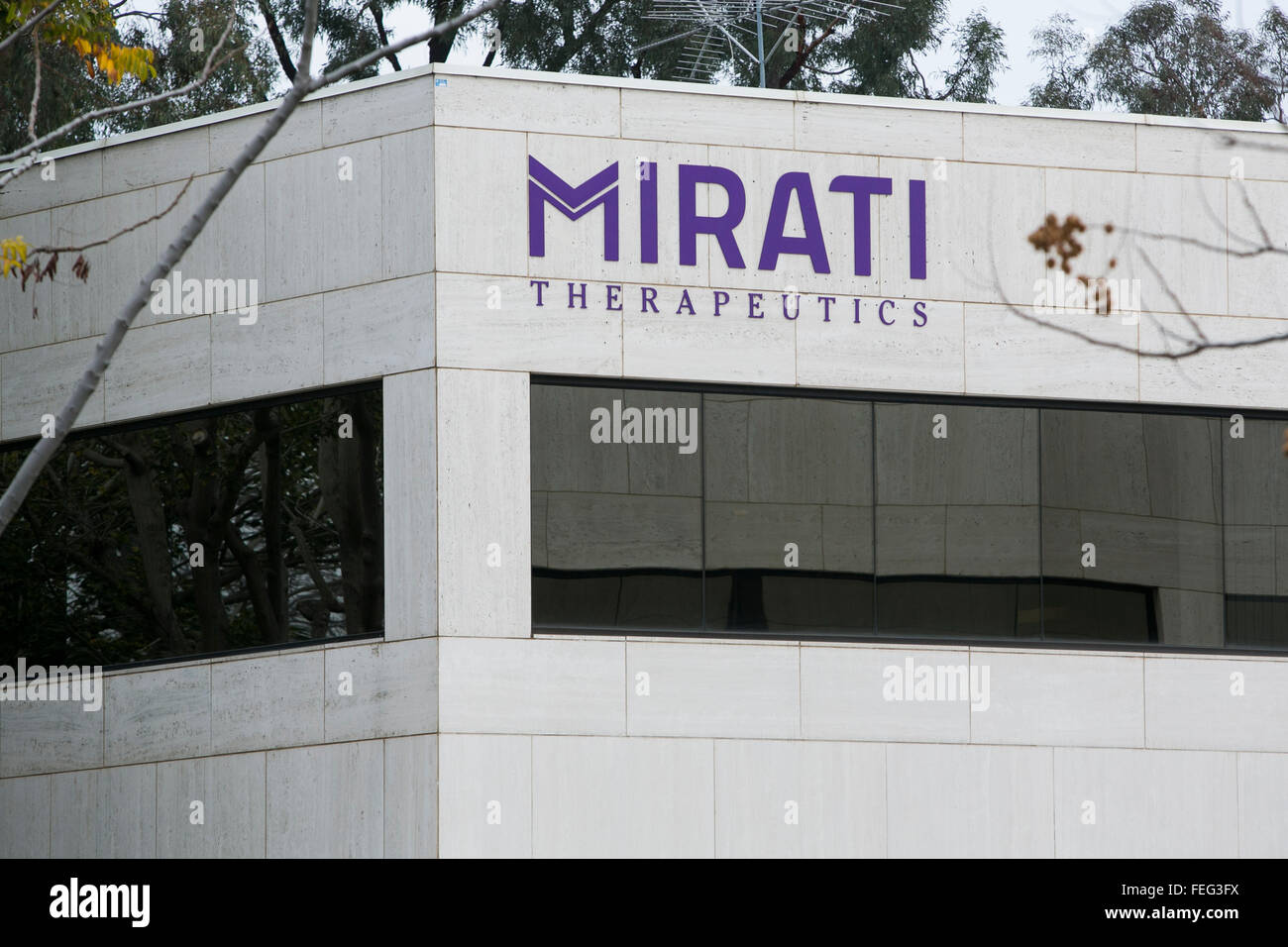 A logo sign outside of the headquarters of Mirati Therapeutics in San ...