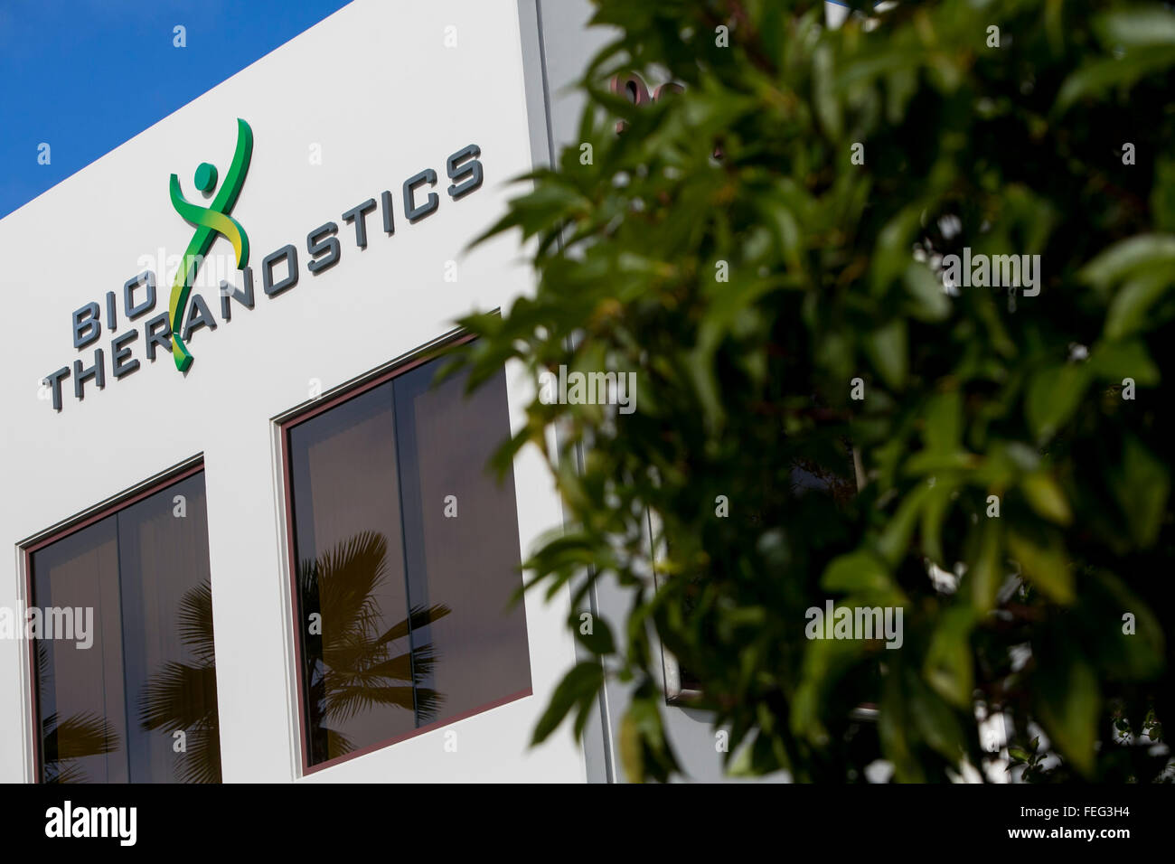 A logo sign outside of the headquarters of BioTheranostics in San Diego ...
