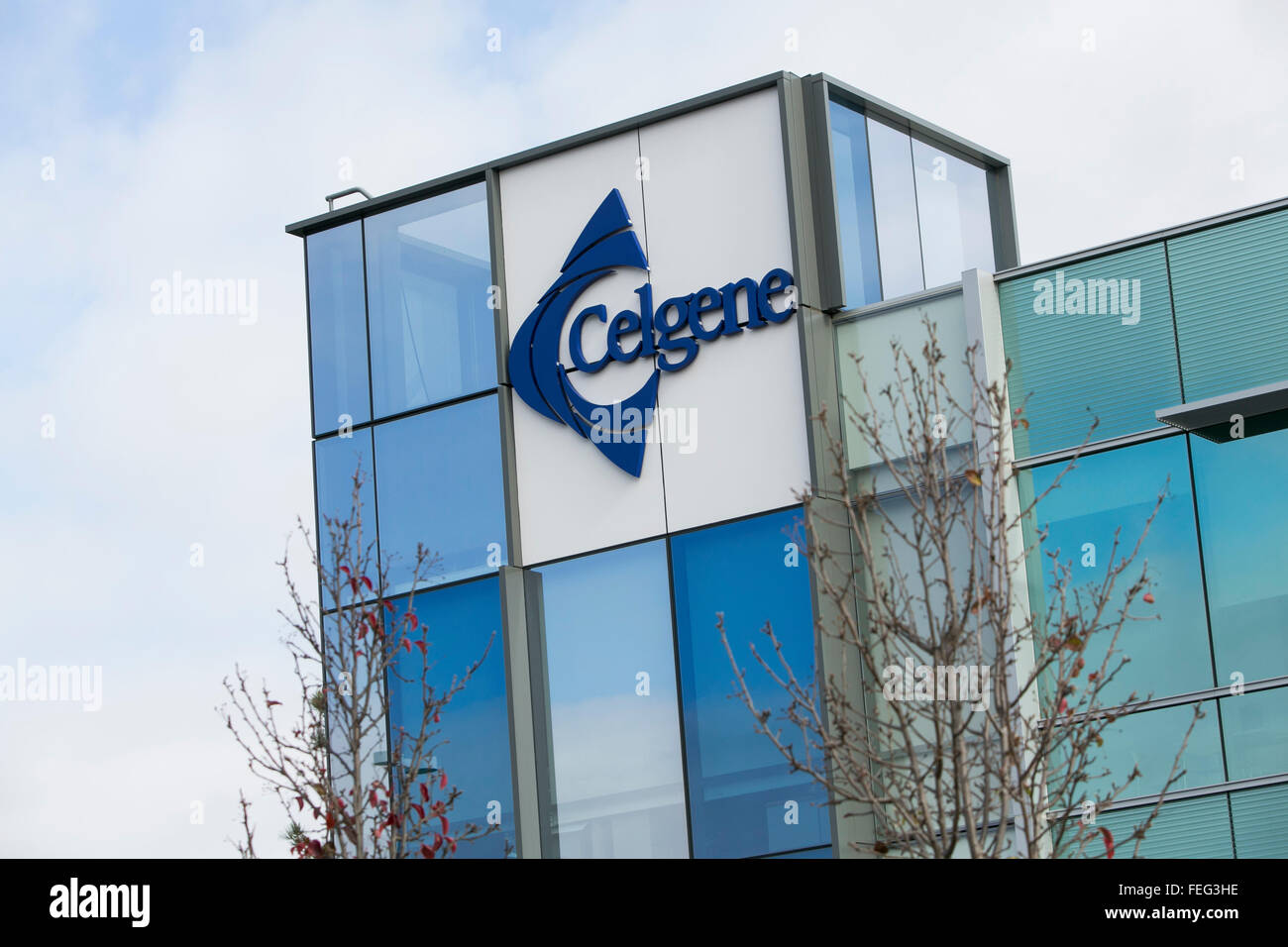 A logo sign outside of a facility occupied by the Celgene Corporation ...