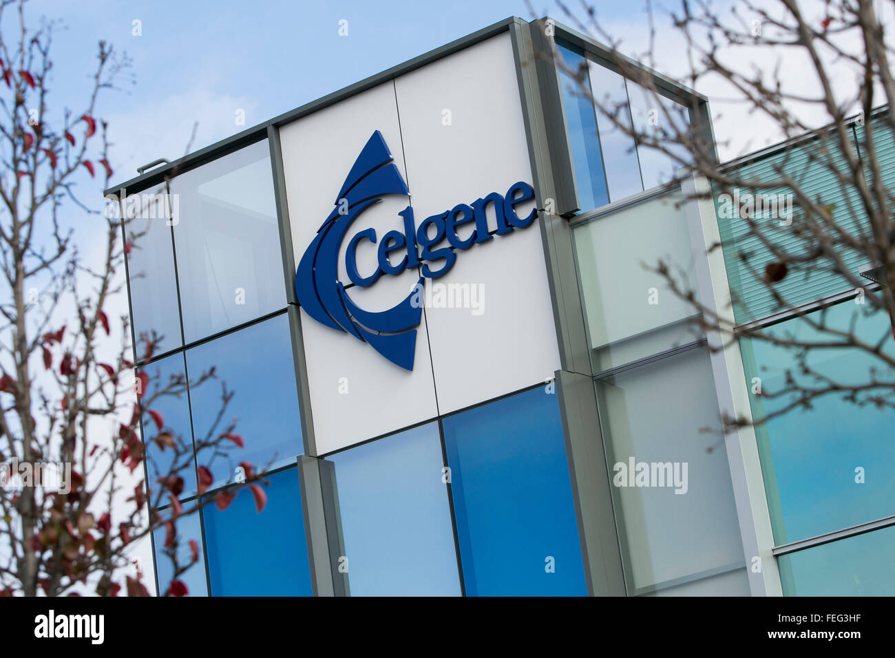 A logo sign outside of a facility occupied by the Celgene Corporation ...