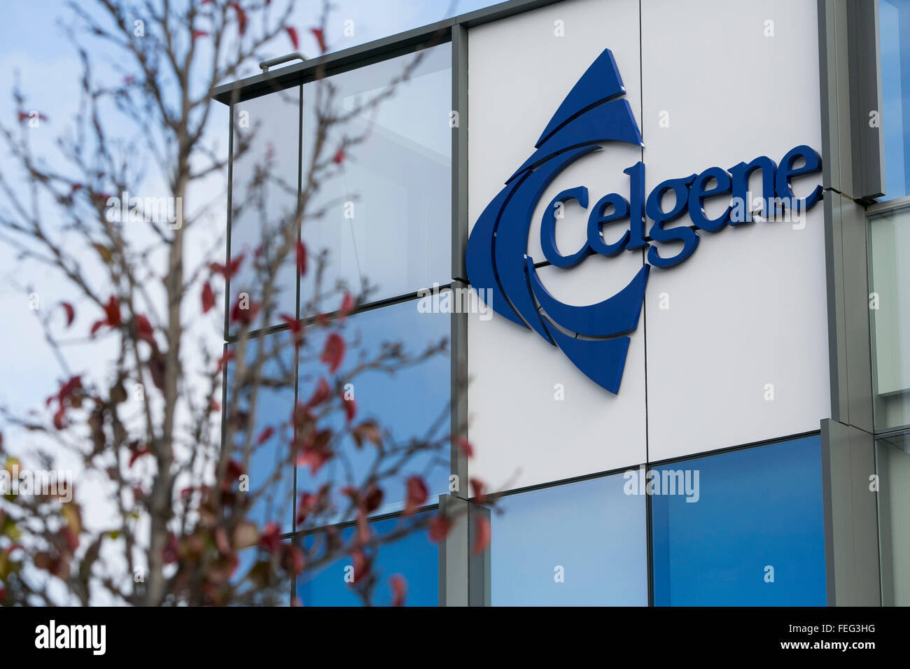 A logo sign outside of a facility occupied by the Celgene Corporation ...