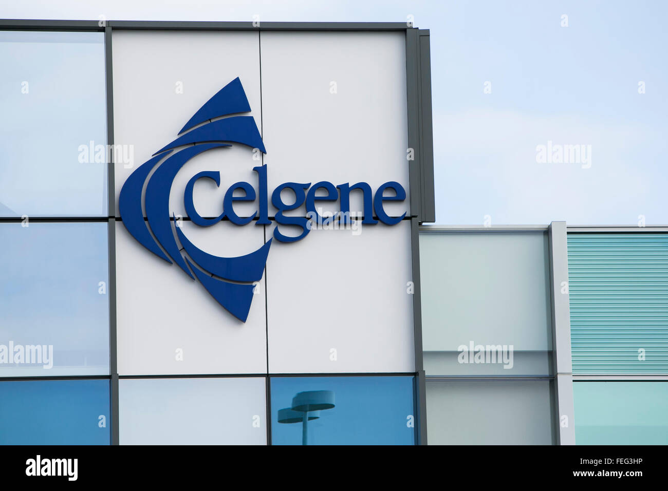 A logo sign outside of a facility occupied by the Celgene Corporation ...