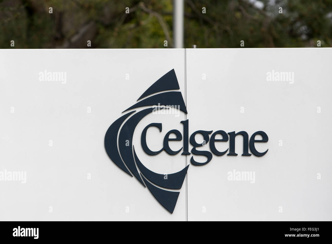 A logo sign outside of a facility occupied by the Celgene Corporation ...