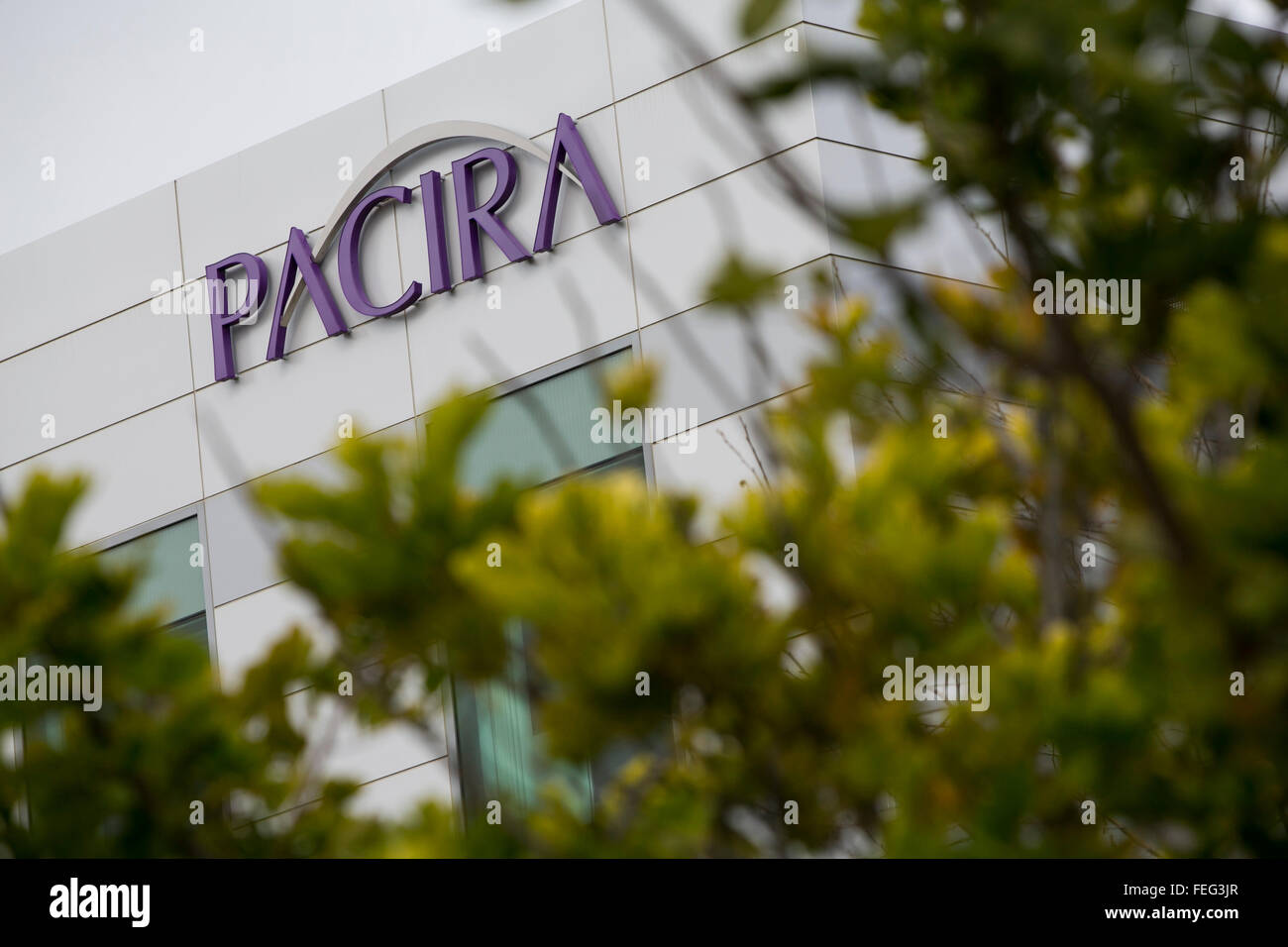 A logo sign outside of the headquarters of Pacira Pharmaceuticals, Inc ...