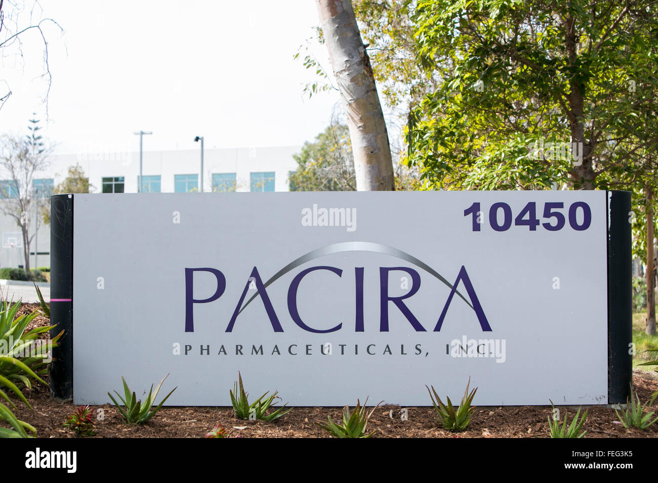 A logo sign outside of the headquarters of Pacira Pharmaceuticals, Inc ...