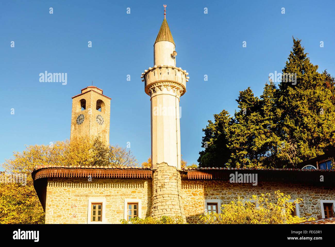 View of the Muslim mosque and the Clock Tower in Ulcinj, Montenegro ...