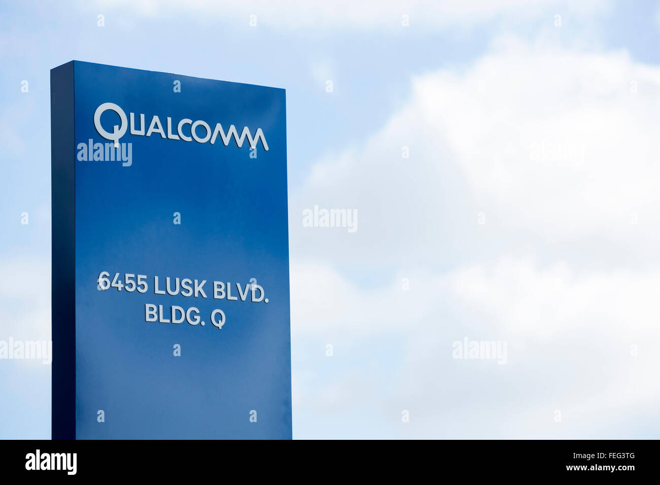 A logo sign outside of a facility occupied by Qualcomm in San Diego ...