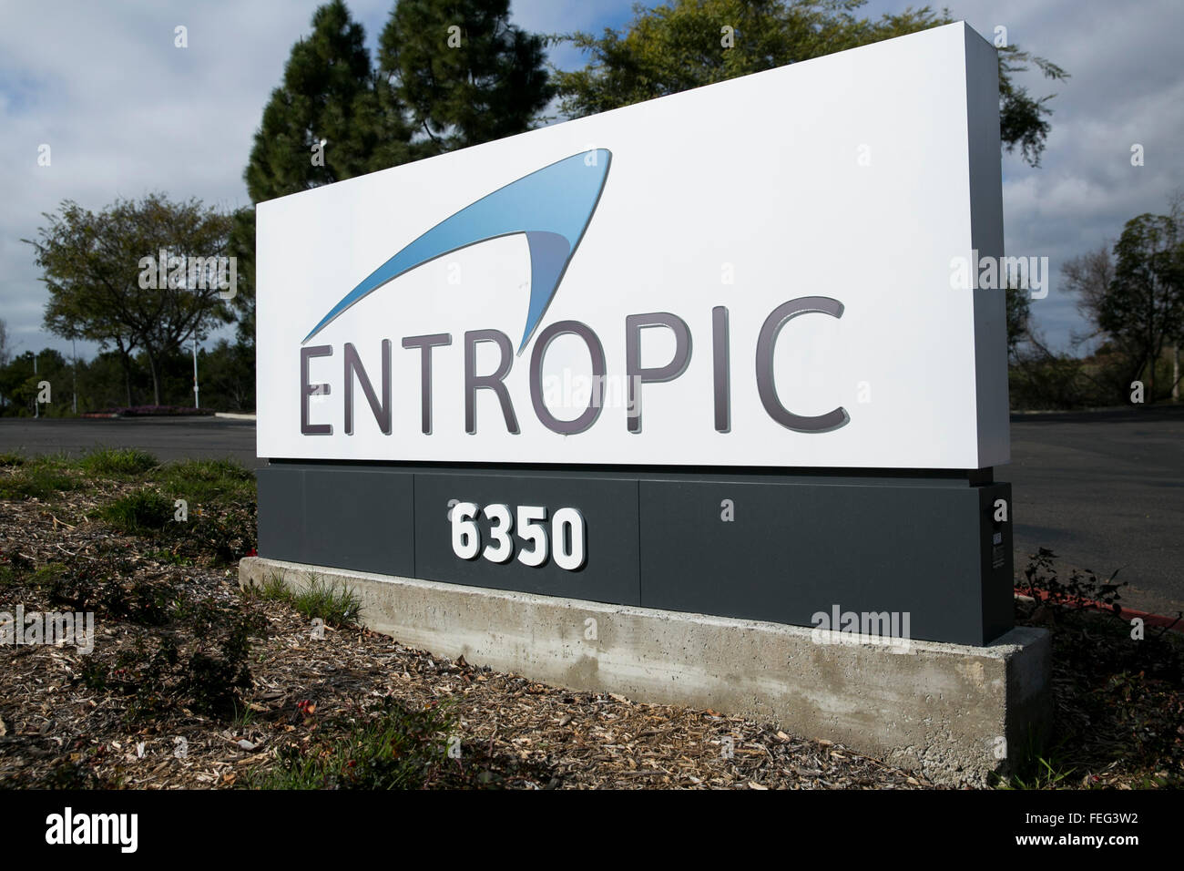 A logo sign outside of a facility occupied by Entropic Communications ...