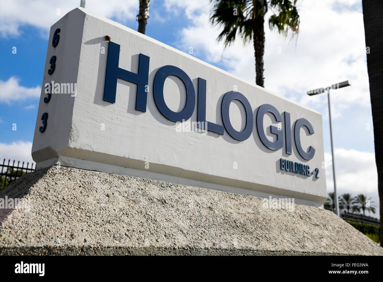 A logo sign outside of a facility occupied by the Hologic Corporation ...