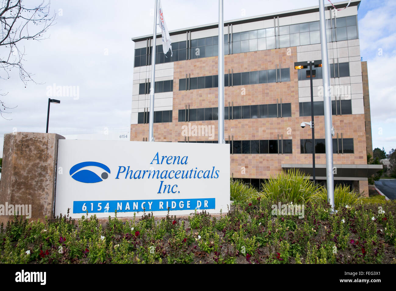 A logo sign outside of the headquarters of Arena Pharmaceuticals, Inc ...