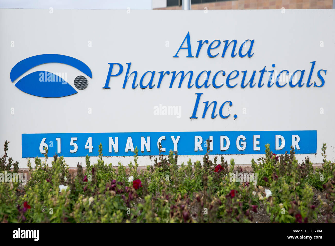 A logo sign outside of the headquarters of Arena Pharmaceuticals, Inc ...