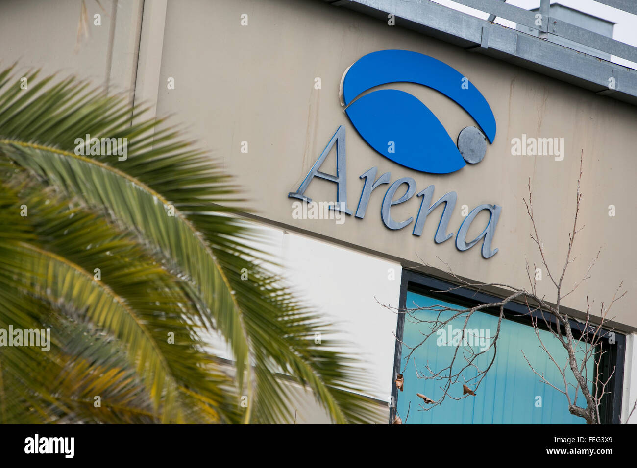 A logo sign outside of the headquarters of Arena Pharmaceuticals, Inc ...