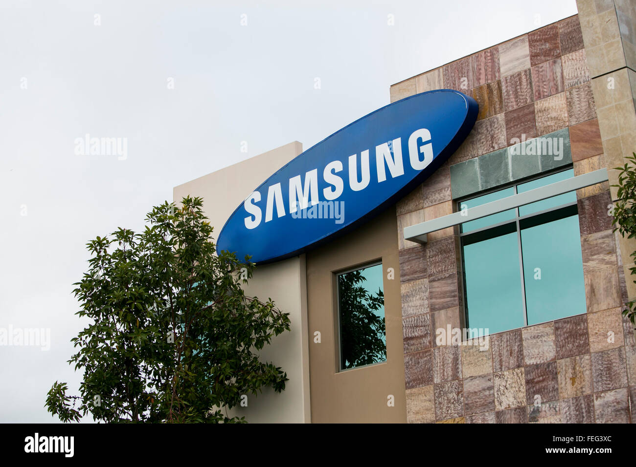 A logo sign outside of a facility occupied by Samsung in San Diego ...