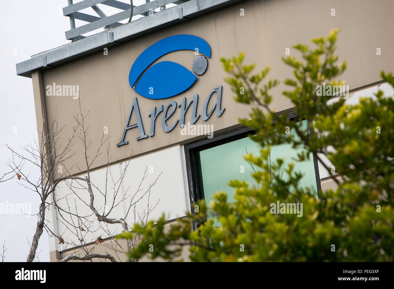 A logo sign outside of the headquarters of Arena Pharmaceuticals, Inc ...