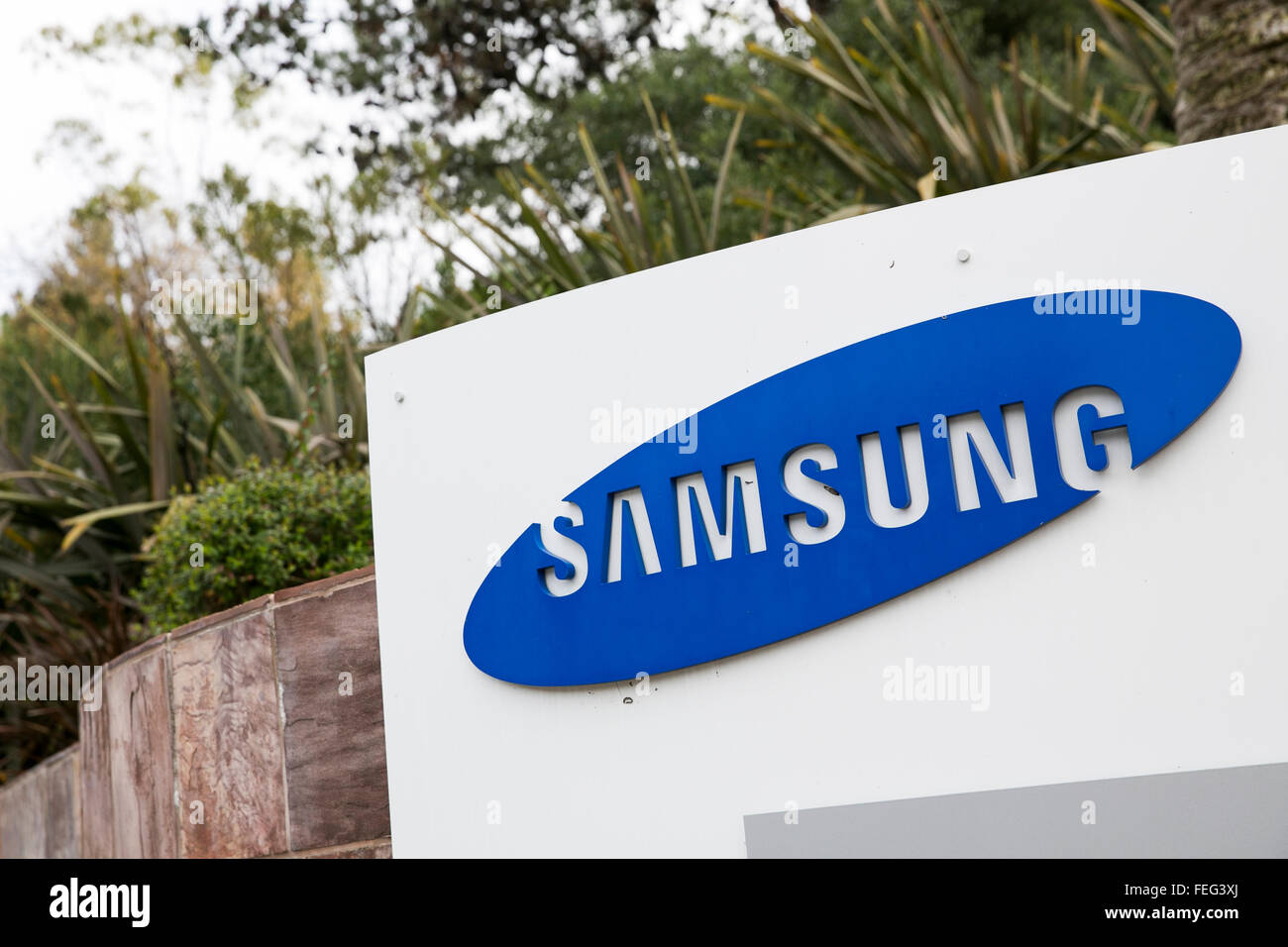A logo sign outside of a facility occupied by Samsung in San Diego ...