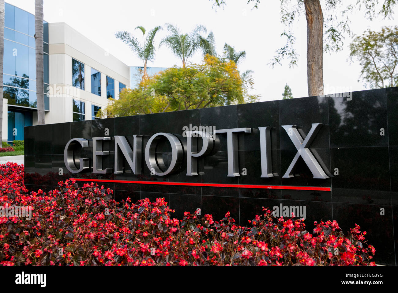 A logo sign outside of the headquarters of Genoptix in Carlsbad ...