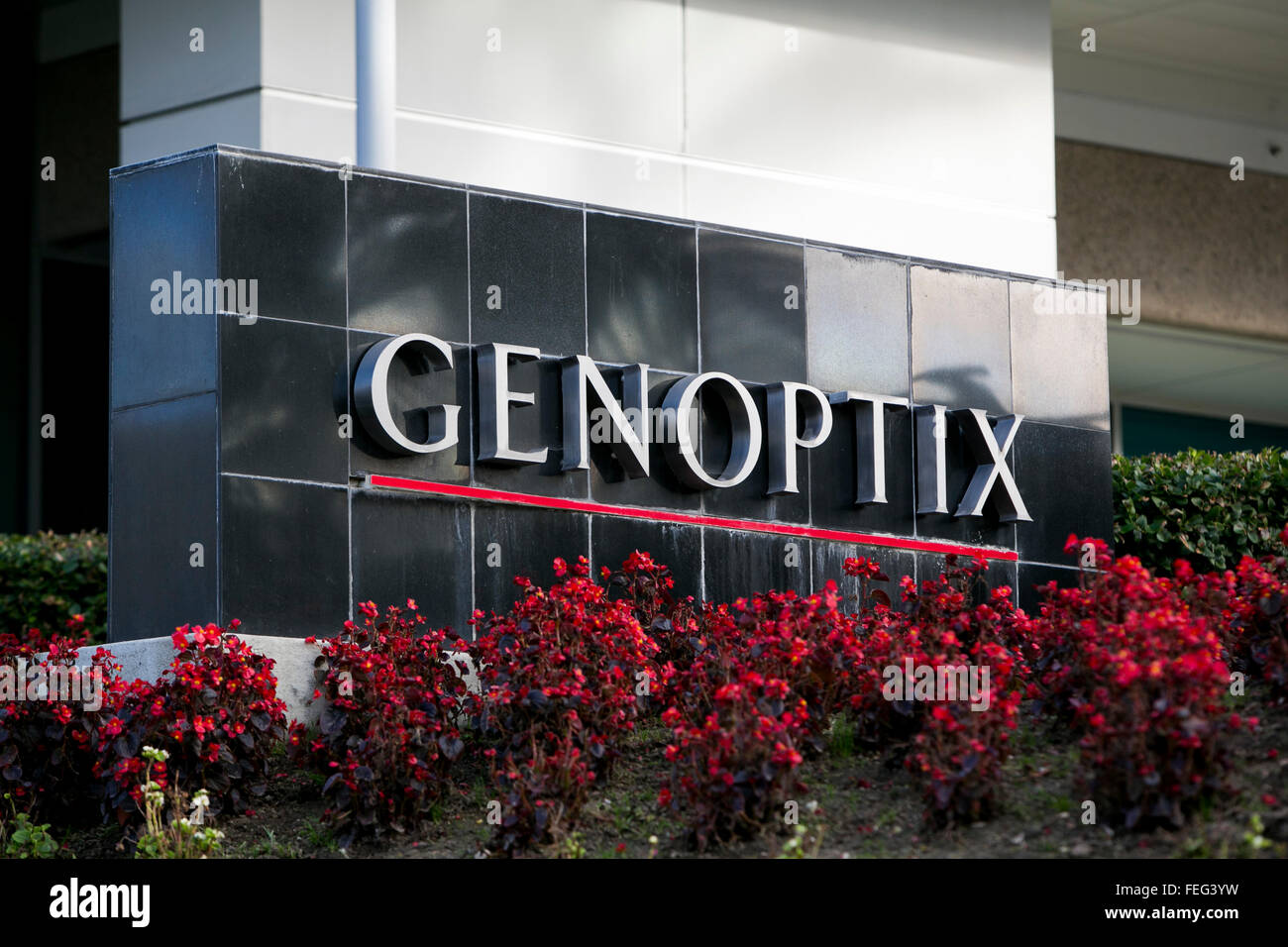 A logo sign outside of the headquarters of Genoptix in Carlsbad ...