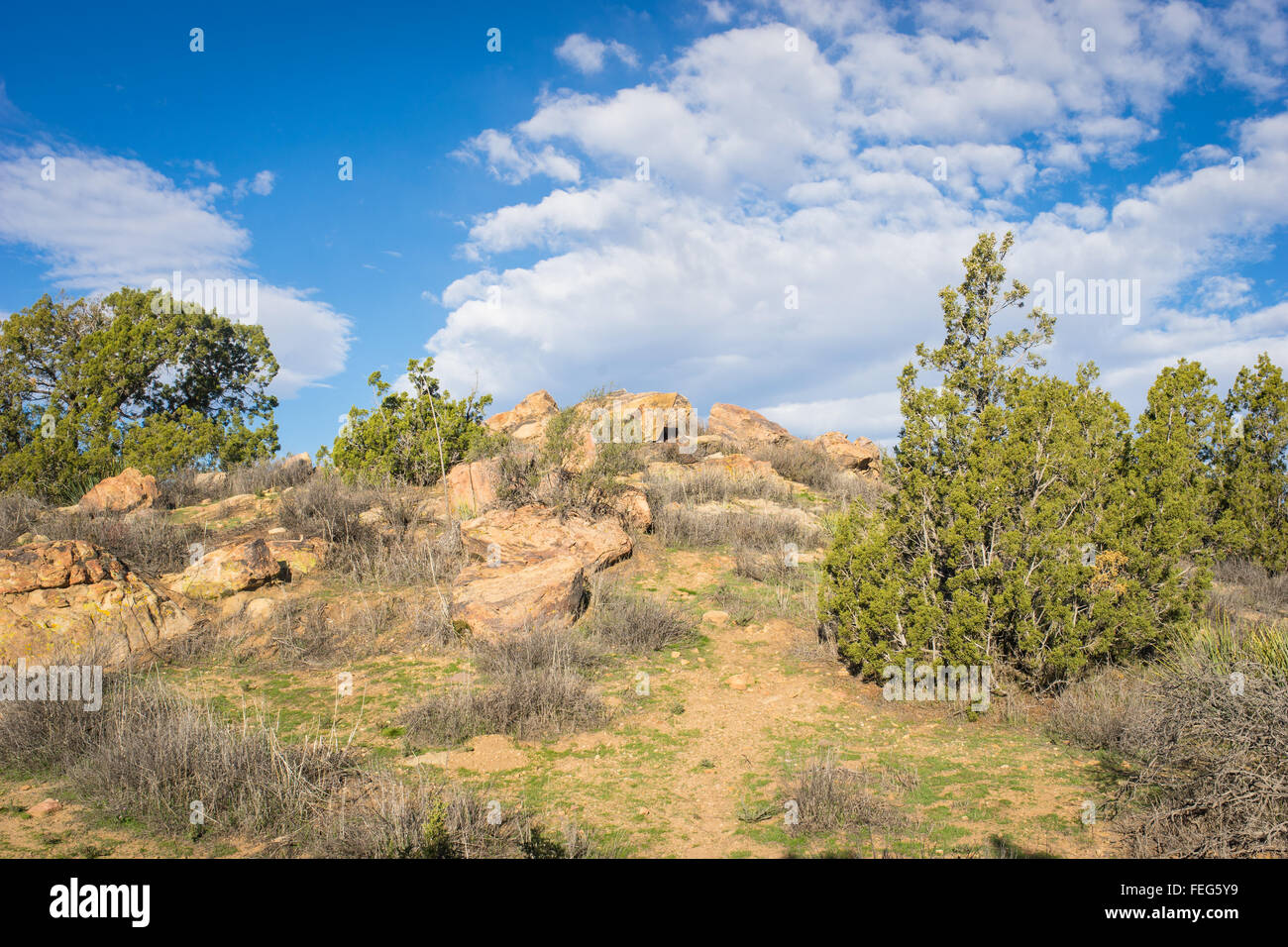 Rock boulders alongside the Pacific Crest Trail in the mojave Desert of ...
