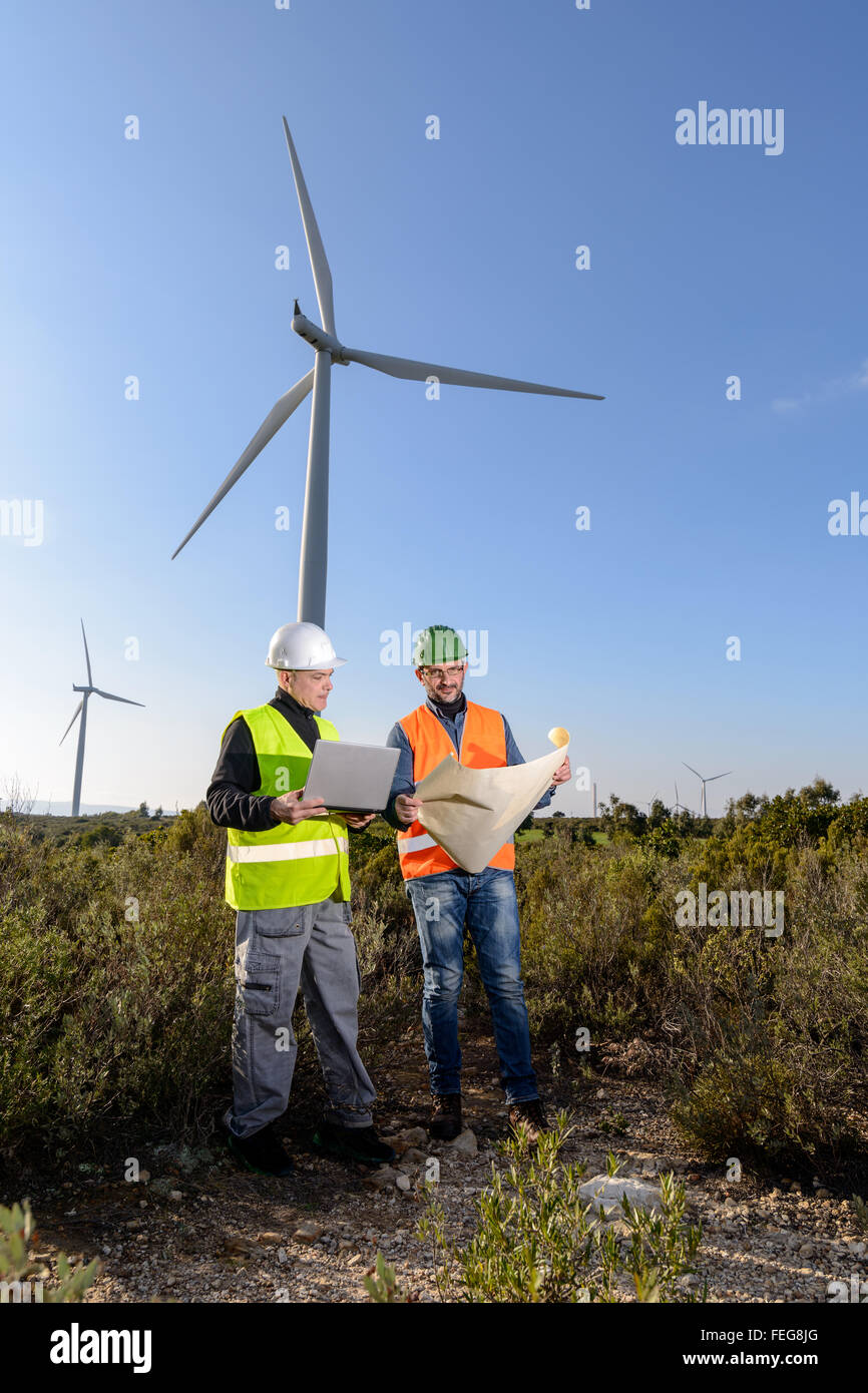 Engineers of wind turbine control projects and production Stock Photo ...