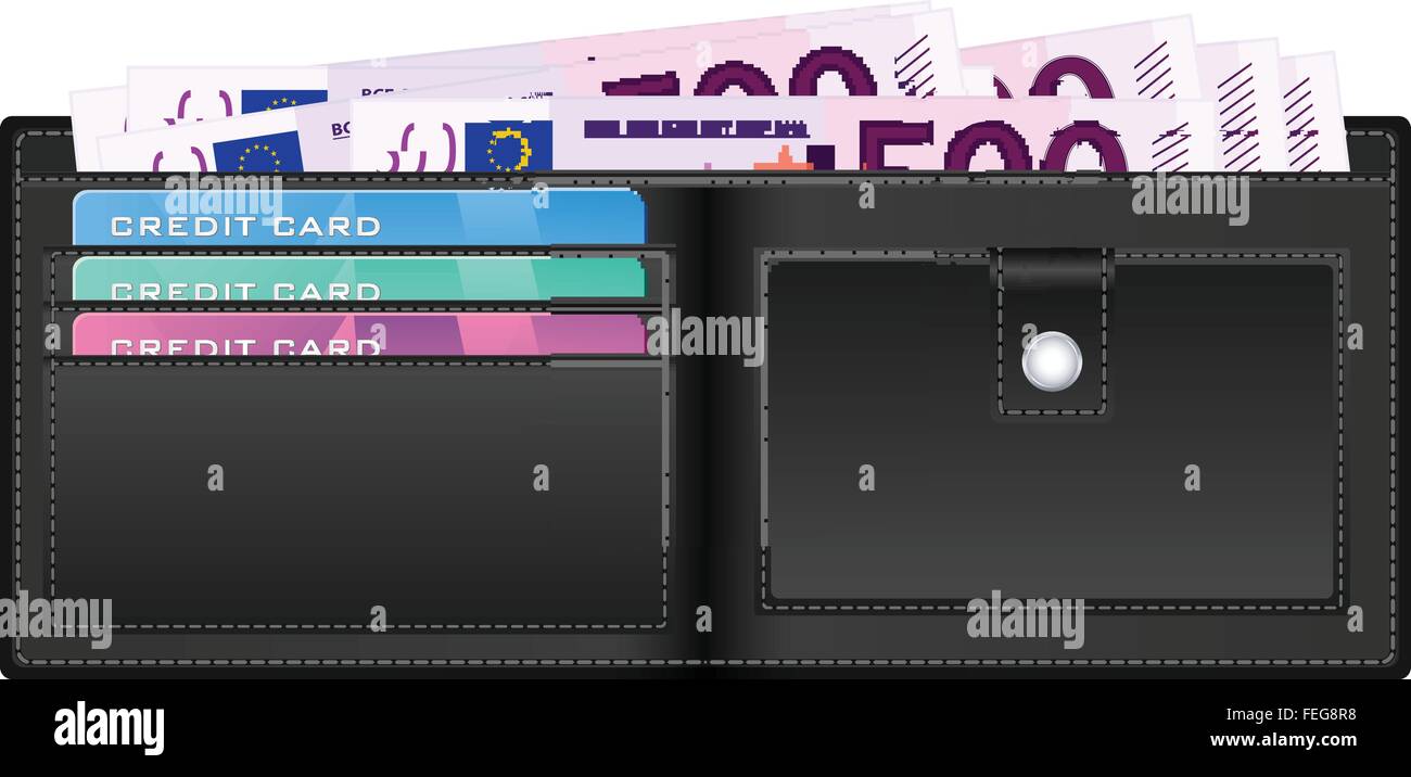 Open wallet with euro banknotes and credit cards. Vector illustration ...