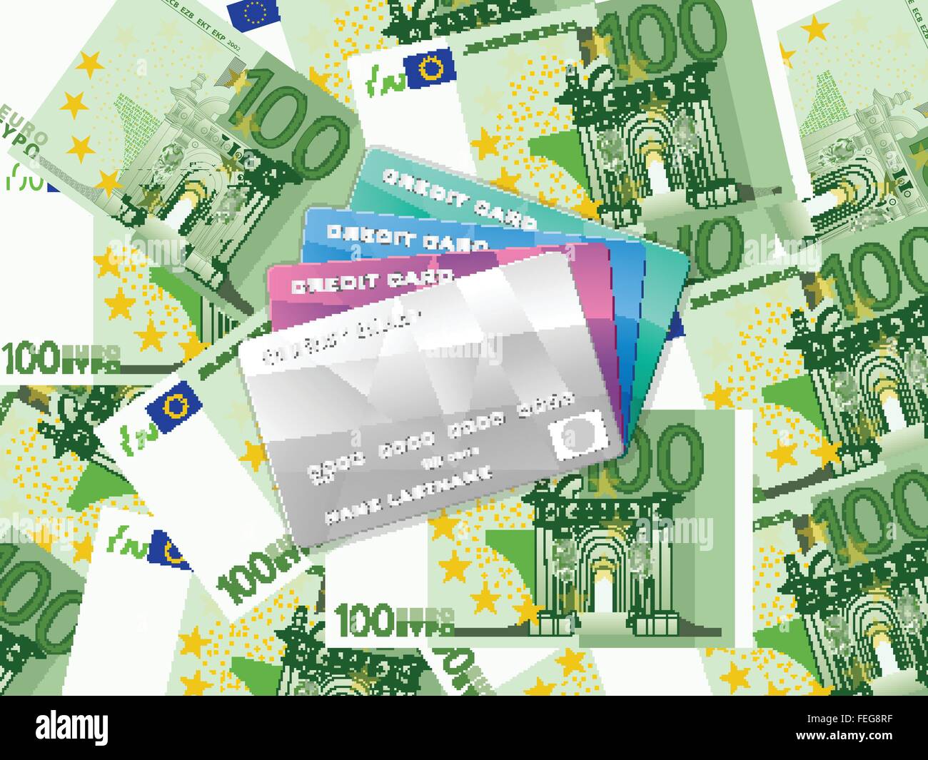 Credit cards on one hundred euro banknotes background. Vector ...