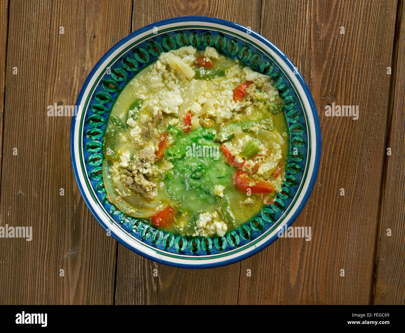 Fahsa Yemeni stew. It is made of lamb with lamb broth. Spices and holba ...