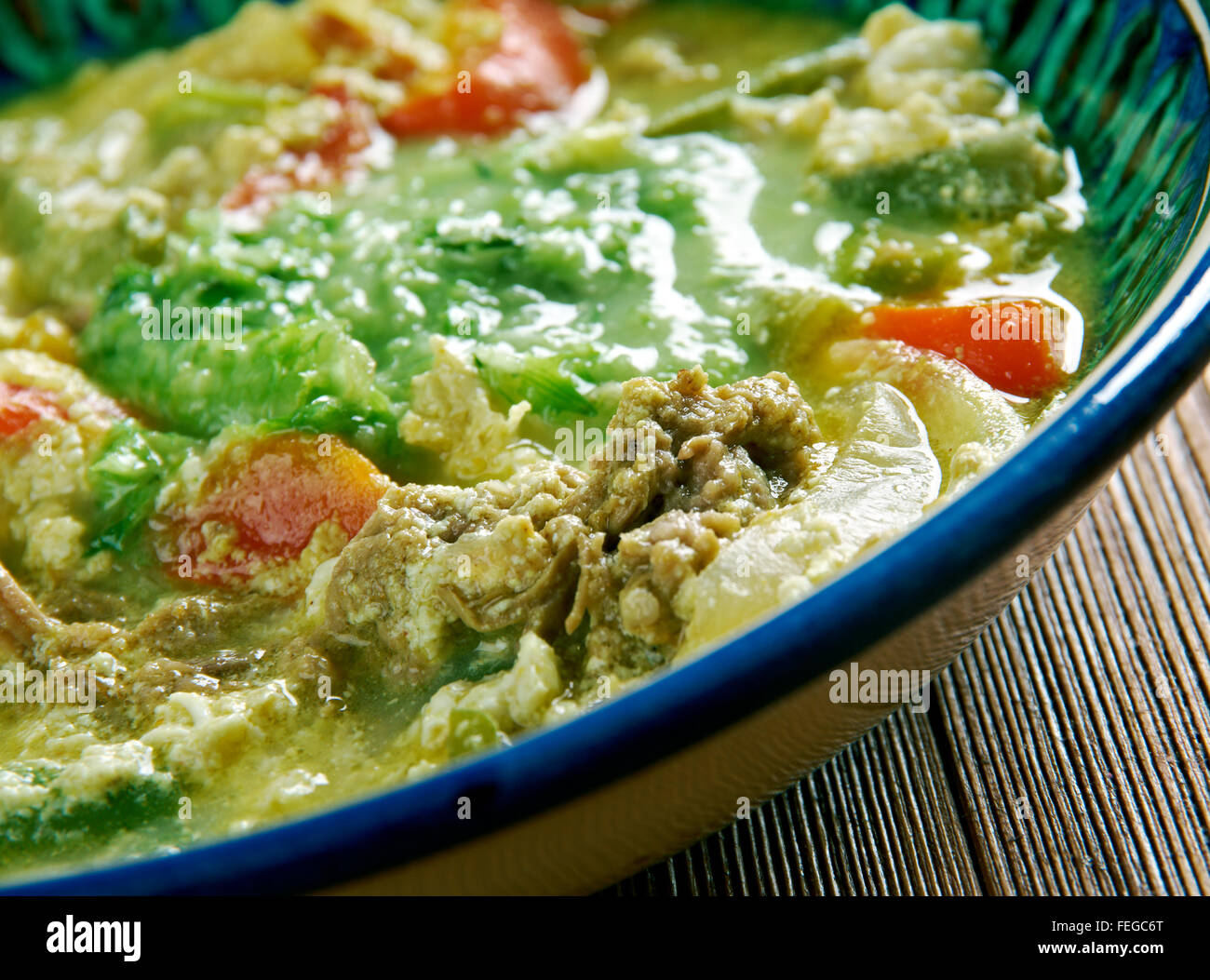 Fahsa Yemeni stew. It is made of lamb with lamb broth. Spices and holba ...