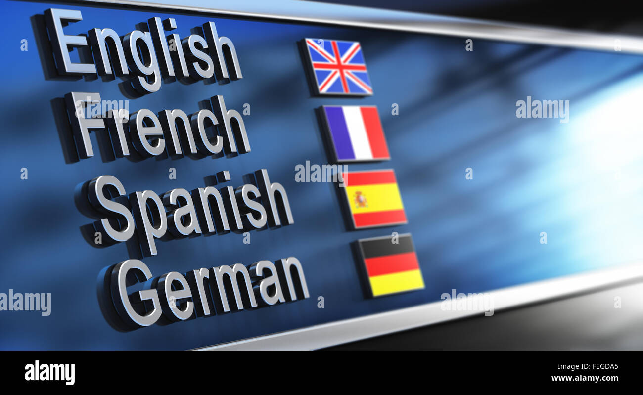 English, French, Spanish and German written on a building facade. Image ...