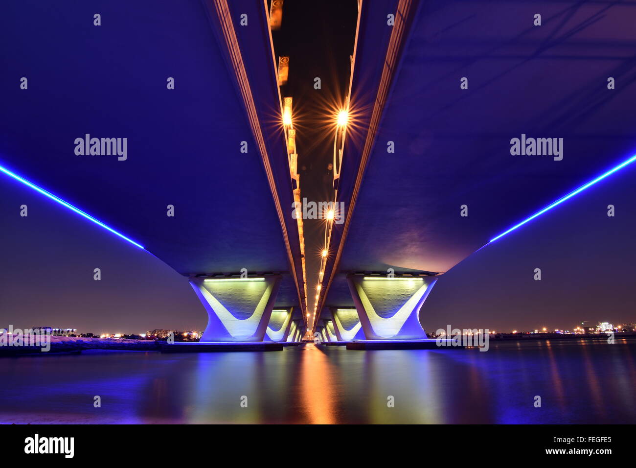 Garhoud Bridge from base at night with long exposure, Dubai, UAE Stock ...
