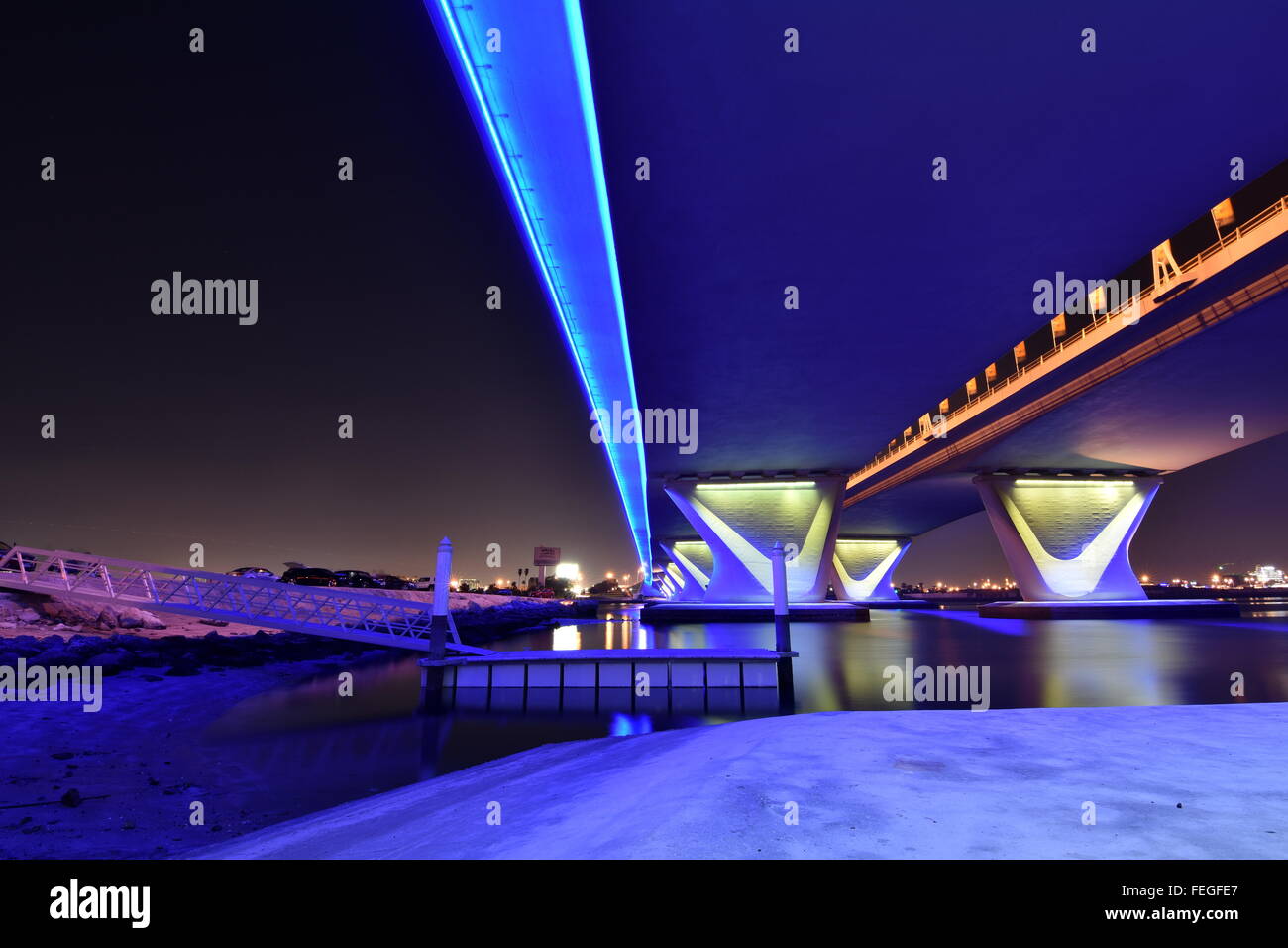 Garhoud Bridge from base at night with long exposure, Dubai, UAE Stock ...