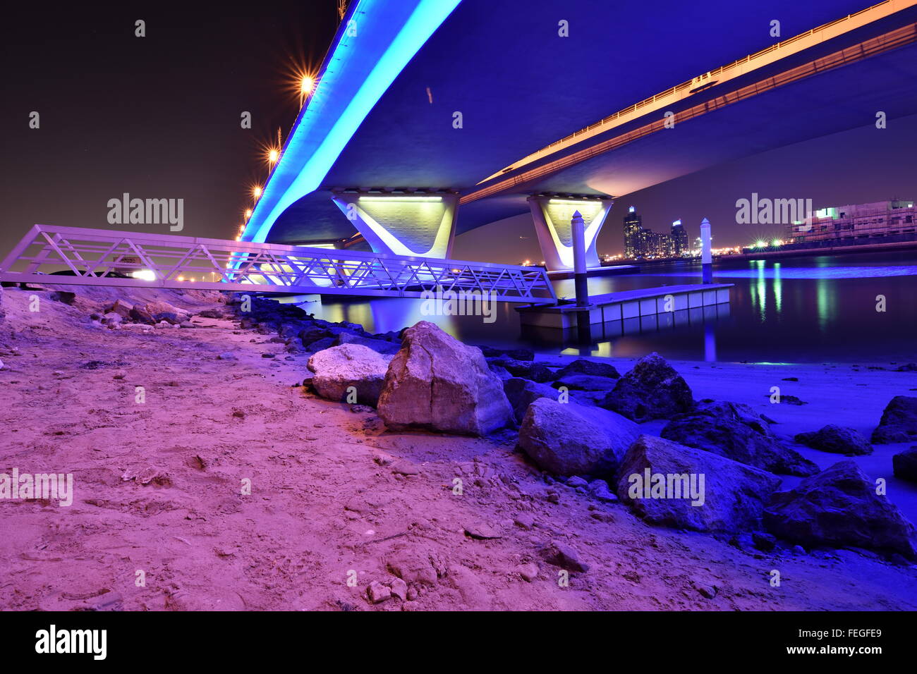 Garhoud Bridge from base at night with long exposure, Dubai, UAE Stock ...