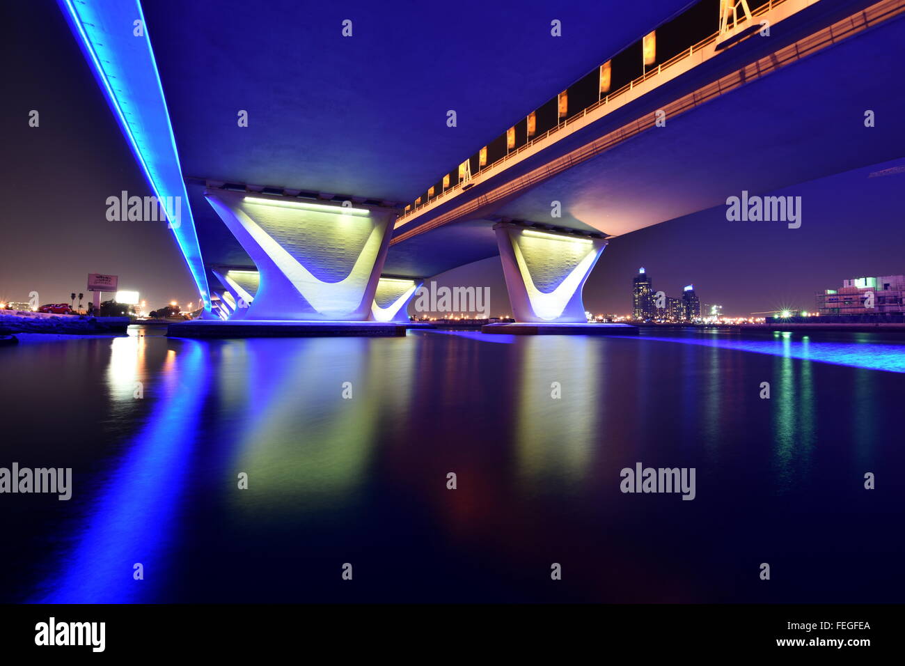 Garhoud Bridge from base at night with long exposure, Dubai, UAE Stock ...