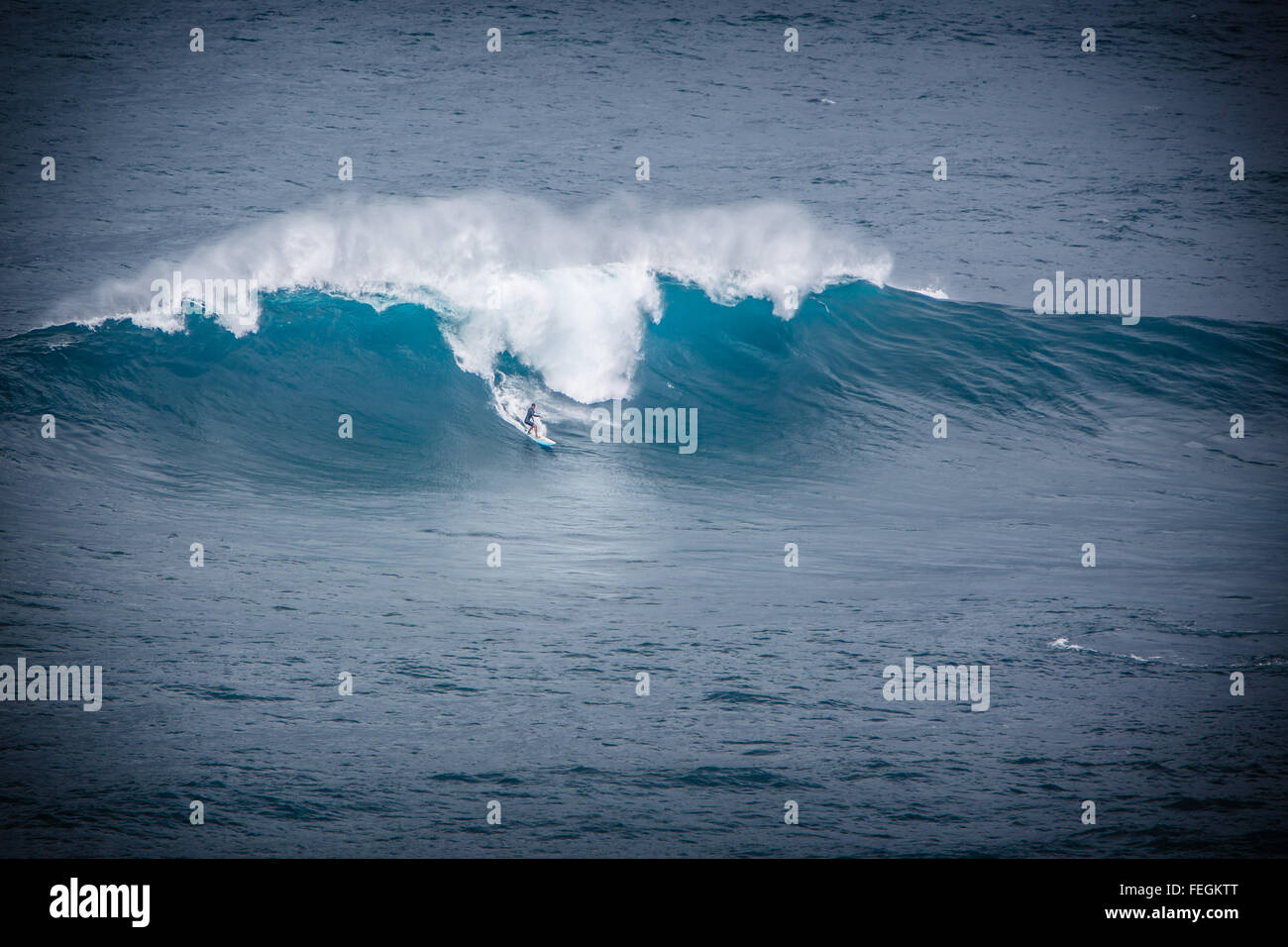 A surfer is riding a huge wave at Peahi (Jaws) on the island of Maui ...