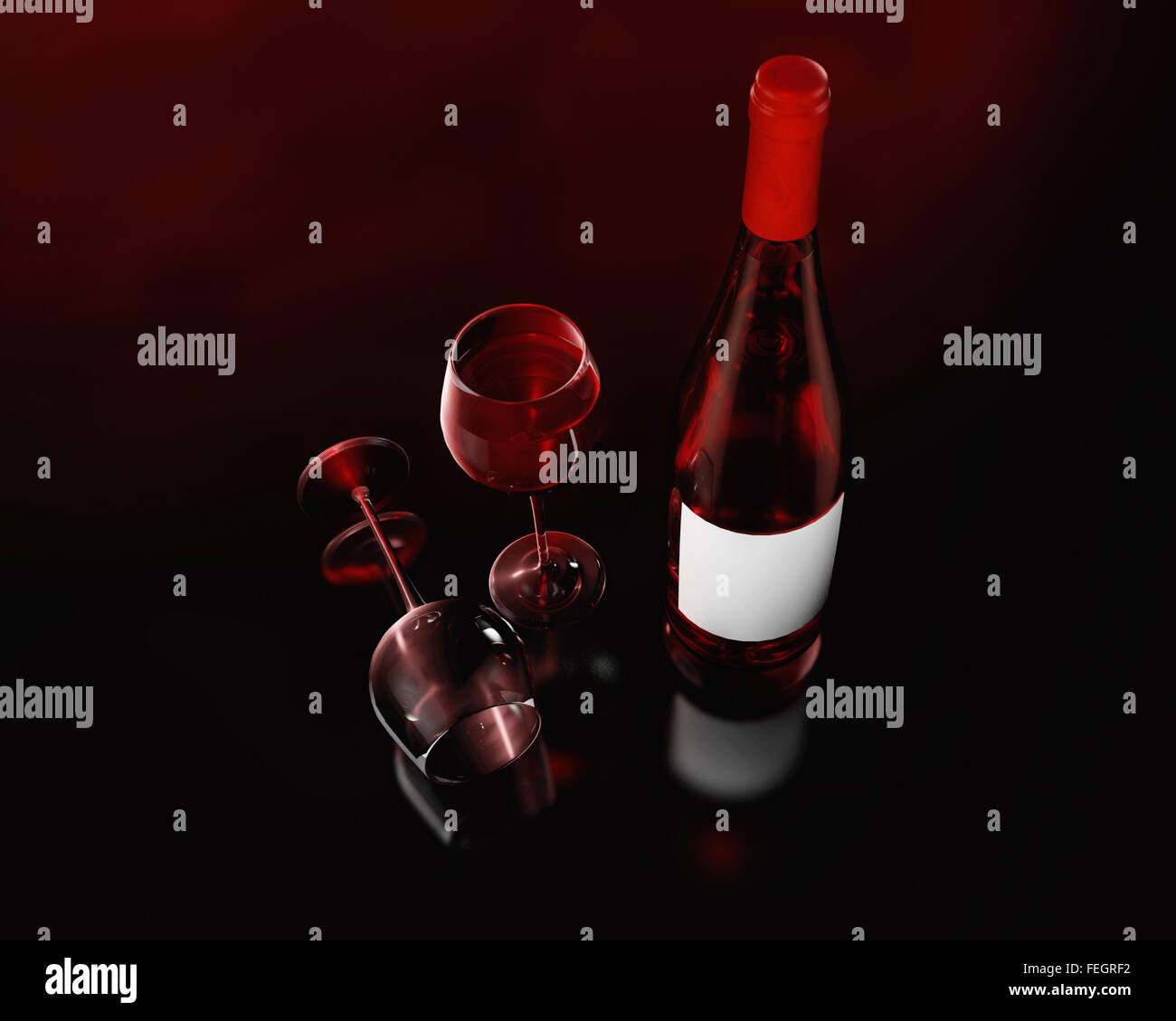 Closed Burgundy red wine bottle with empty label and two glasses on red ...