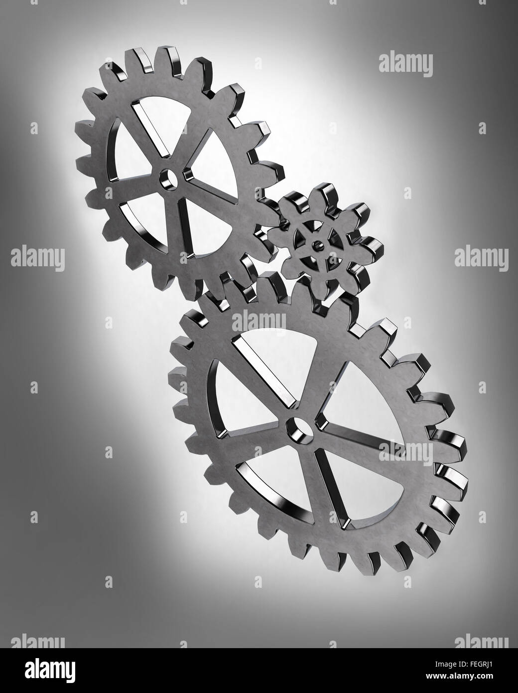 Gear wheels from silver metal on grey background. Highly detail render ...
