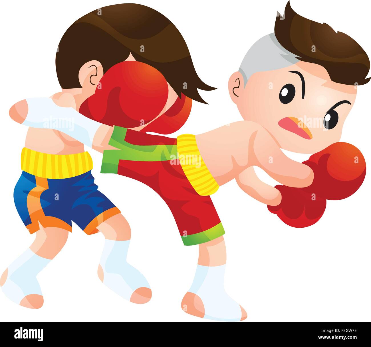 Vector of cute Thai boxing kids fighting actions knee over strike ...