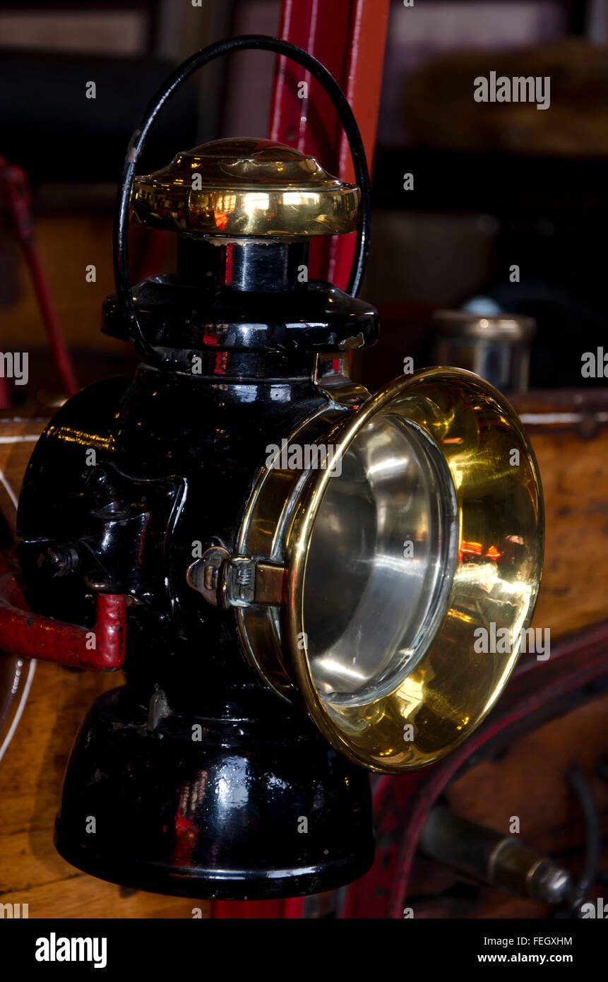 Calcium carbide headlamp mounted on a vintage fire engine in the Museum ...