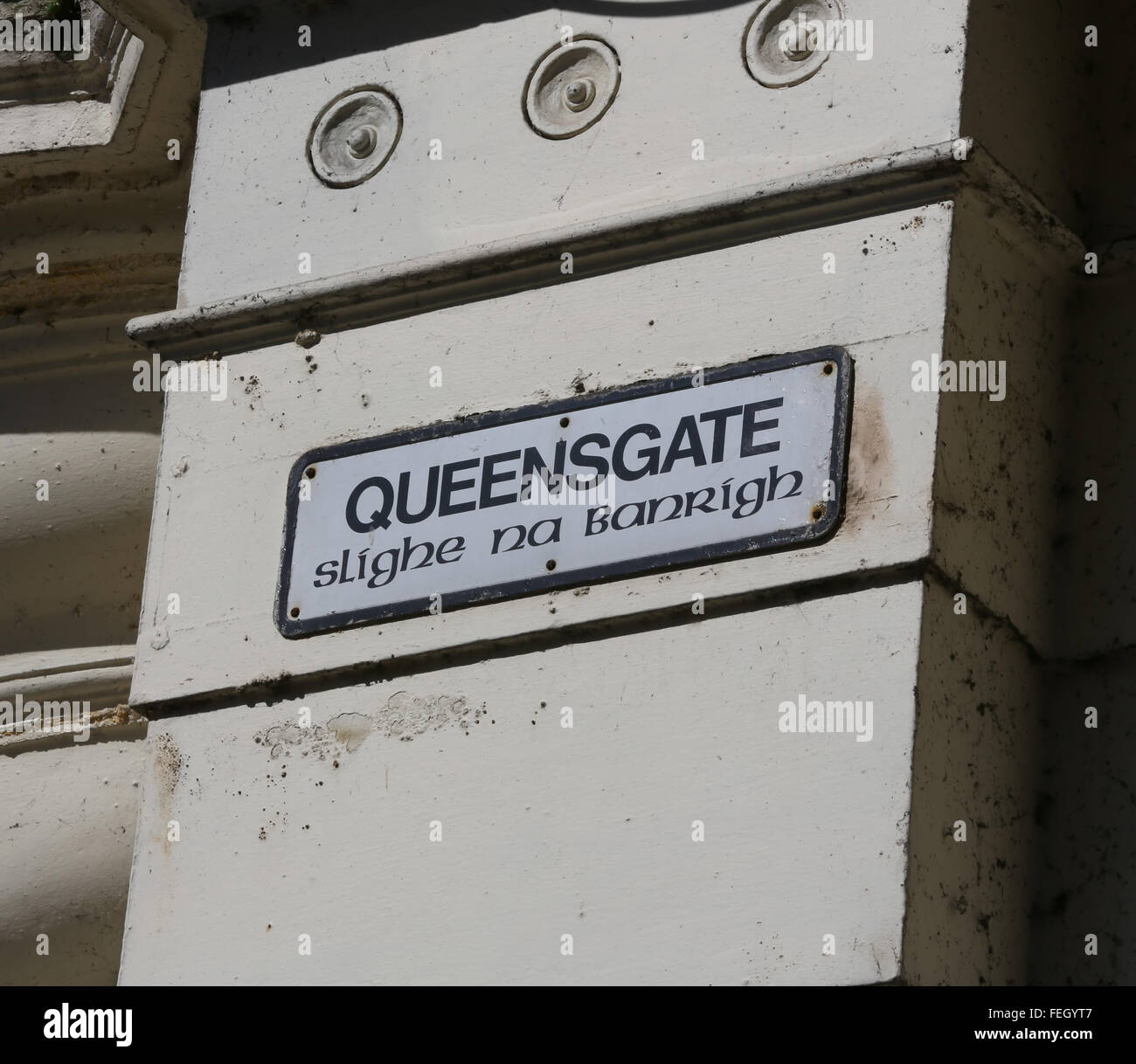 Street sign for Queensgate in the city of Inverness in the Highlands of ...
