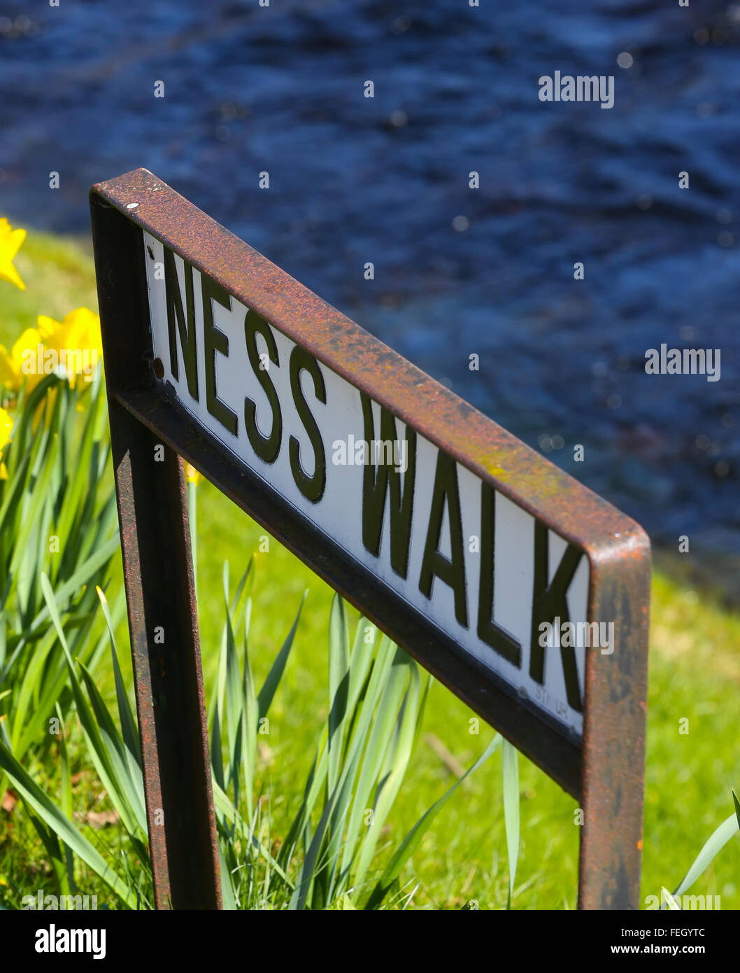 Street sign for Ness Walk beside the River Ness in the city of ...