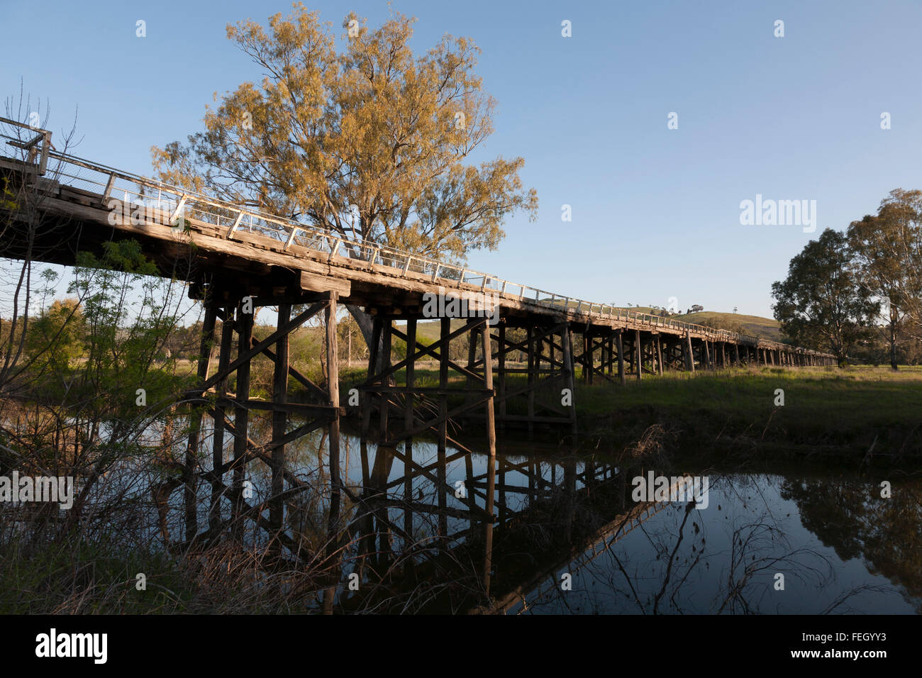 Historic timber bridge as it crosses the Murrumbidgee floodplain in ...