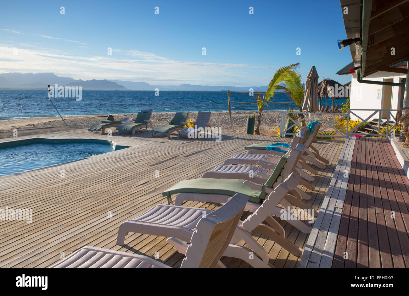 Sunloungers at Bounty Island Resort on Bounty Island, Mamanuca Islands ...