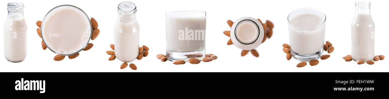 Almond Milk Collage (isolated on white background; selective focus ...
