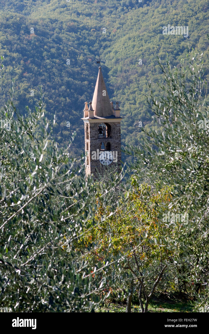 Italy, Province of Imperia. Romanesque bell tower 12th century in ...