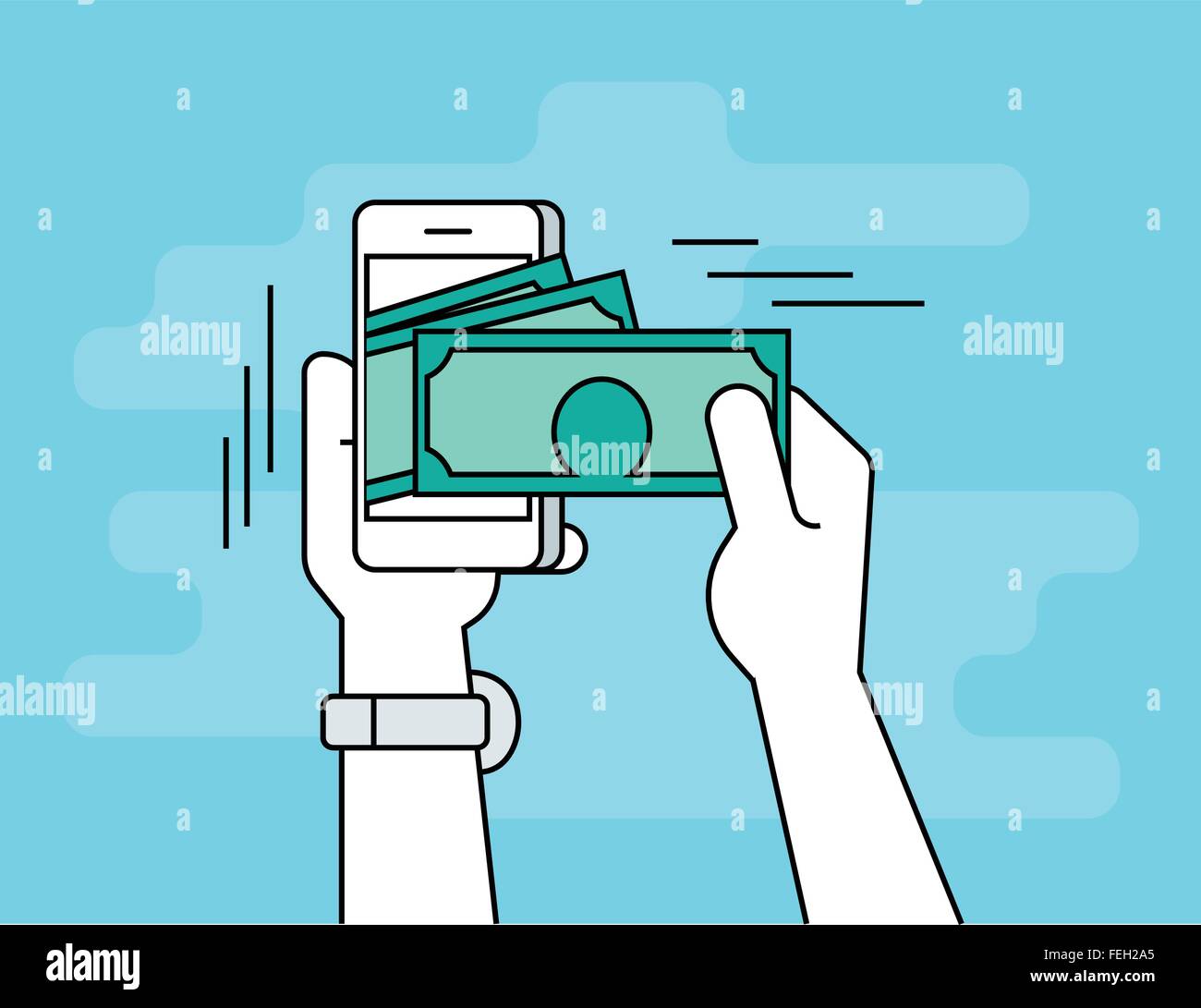 Mobile banking flat line contour illustration of human hand withdraws ...
