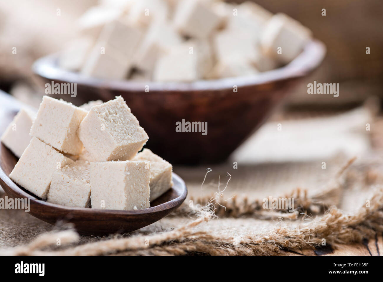Portion of Tofu (detailed close-up shot) on wooden background Stock ...