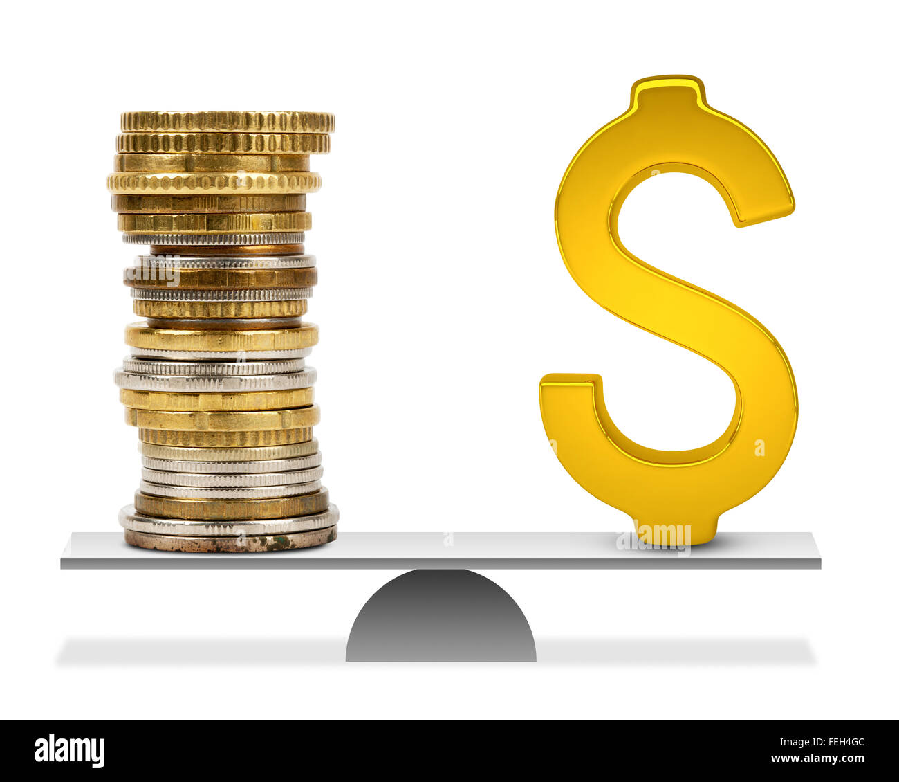 Coins and dollar sign on scales Stock Photo - Alamy