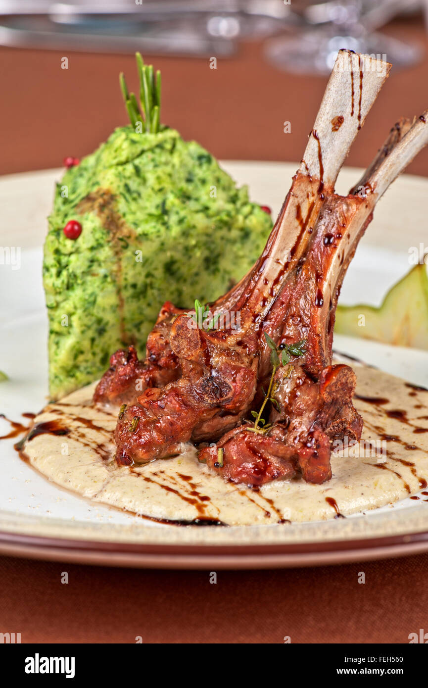 ribs calf with potato puree Stock Photo - Alamy