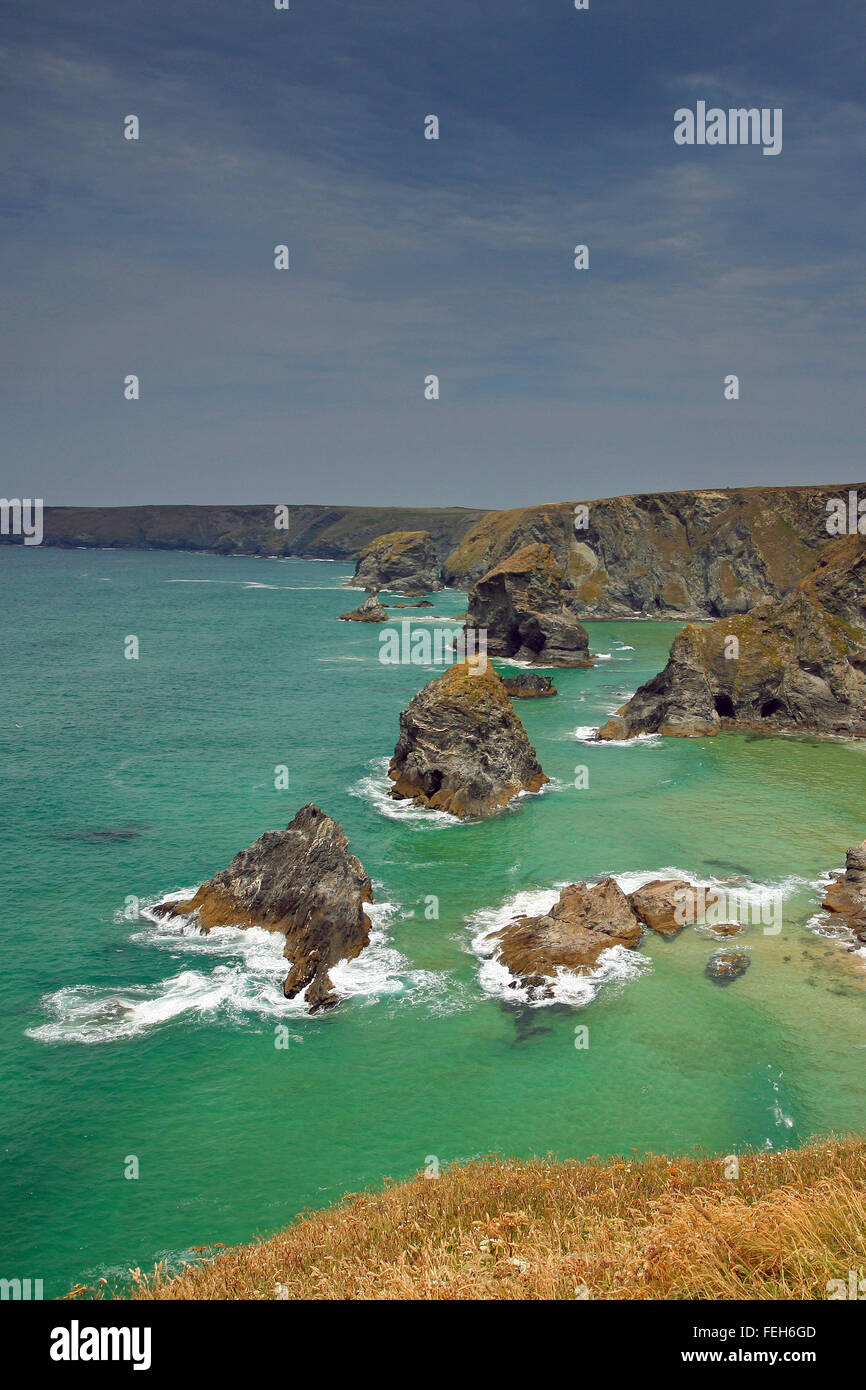 The dramatic sea stacks at Bedruthan Steps on the north coast of ...