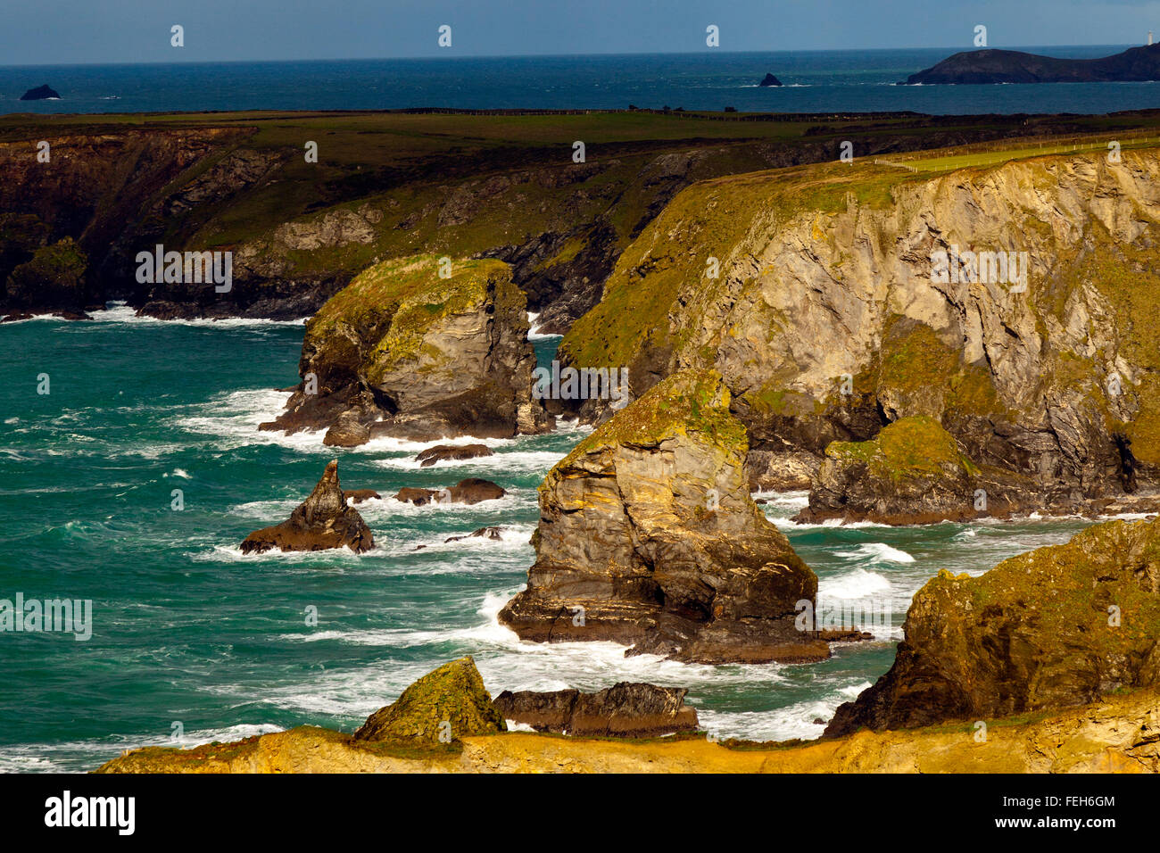 The dramatic sea stacks at Bedruthan Steps on the north coast of ...